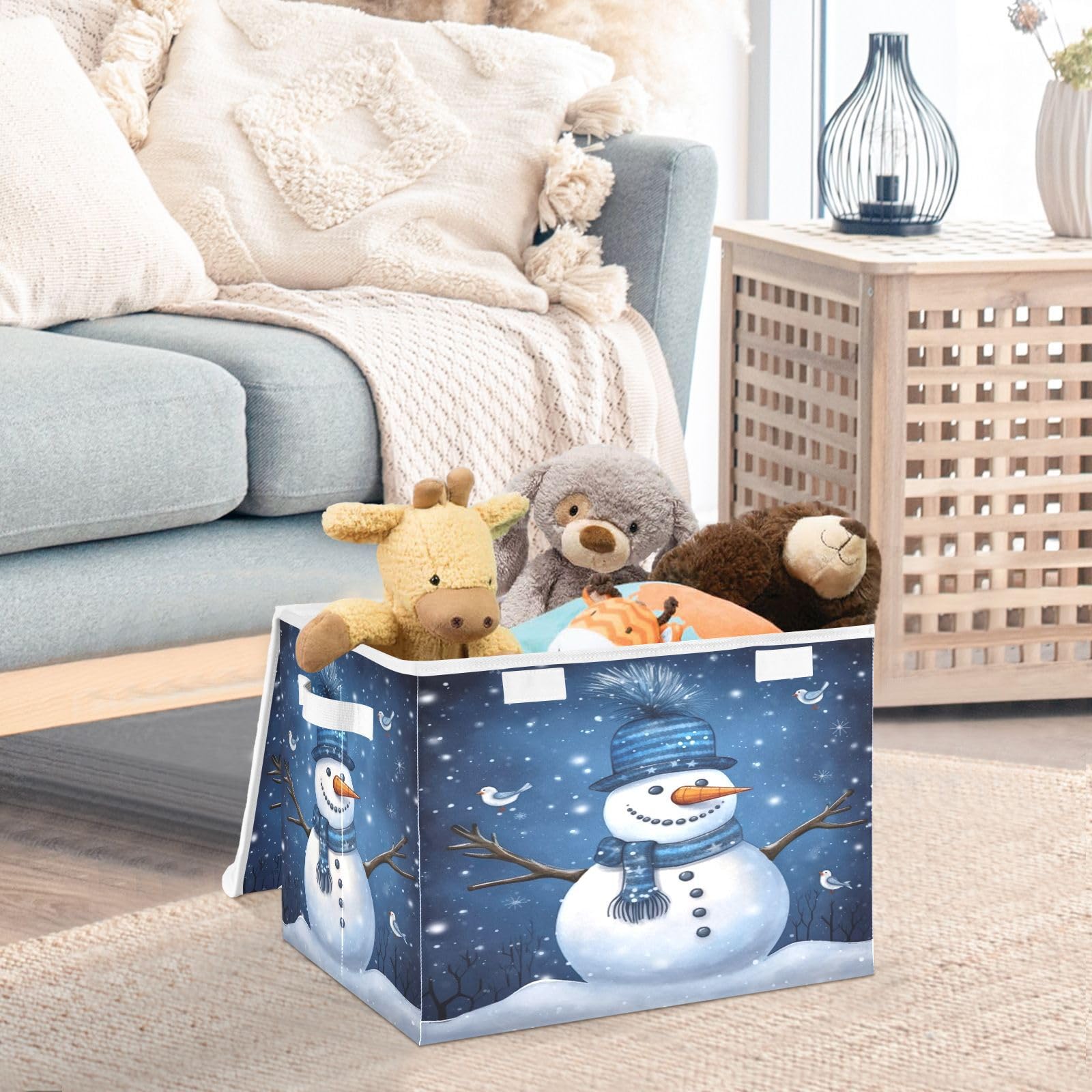 RunningBear Christmas Winter Snowman Blue Large Storage Bins with Lid Collapsible Storage Bin Storage Organizer Bin Fabric Foldable Storage Organizer Containes for Office Bedroom Clothes Toys