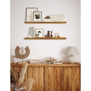 ILOT Teak Wood Floating Shelves Perfect for Bathroom Décor Pack of 2 Wooden Wall Shelves for Bedroom Living Room Kitchen Simple Minimalist Home Décor 36” x 6.7”