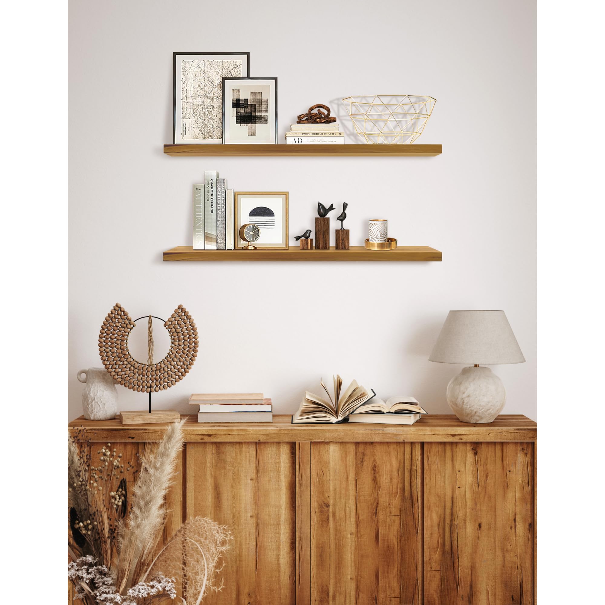 ILOT Teak Wood Floating Shelves Perfect for Bathroom Décor Pack of 2 Wooden Wall Shelves for Bedroom Living Room Kitchen Simple Minimalist Home Décor 36” x 6.7”