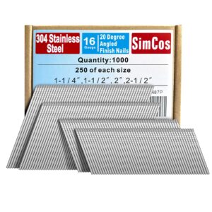 simcos 16 gauge angled finish nails 304 stainless steel,(1-1/4", 1-1/2", 2", 2-1/2"), 20-degree,assorted size project pack for pneumatic, electric finish nailer or nail gun (assembly 1000)