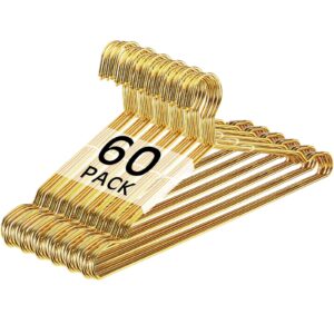 suclain 60 packs gold metal wire clothe hangers 17.7 inch gold wire hangers stainless steel hangers bulk heavy duty round hook thin hangers for coats bridal dry cleaner(gold)