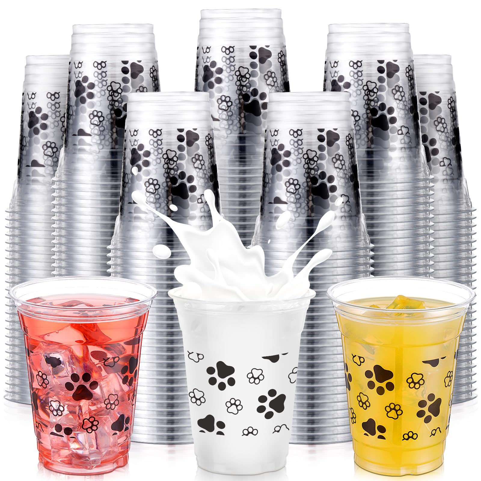 SiliFine 100 Pcs Dog Party Cups Bulk Puppy Paw Print Themed Cups 12 oz Disposable Clear Plastic Birthday Party Cups for Ice Coffee, Smoothie, Juice, Baby Shower Classroom Party Supplies