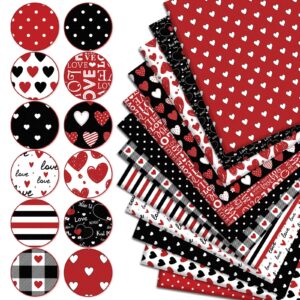 Whaline 12Pcs Valentine's Day Cotton Fabric Bundles Red Black Love Heart Fat Quarter Romantic Quilting Patchwork for DIY Handmade Sewing Crafting, 18 x 22 Inch