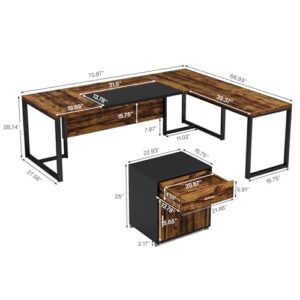 LITTLE TREE 70.8 Inches Executive Office Desk with File Cabinet, Large L Shaped Executive Desk with Storage Cabinet, Modern Office Desk with Drawers for Home Office(Rustic Brown Black)