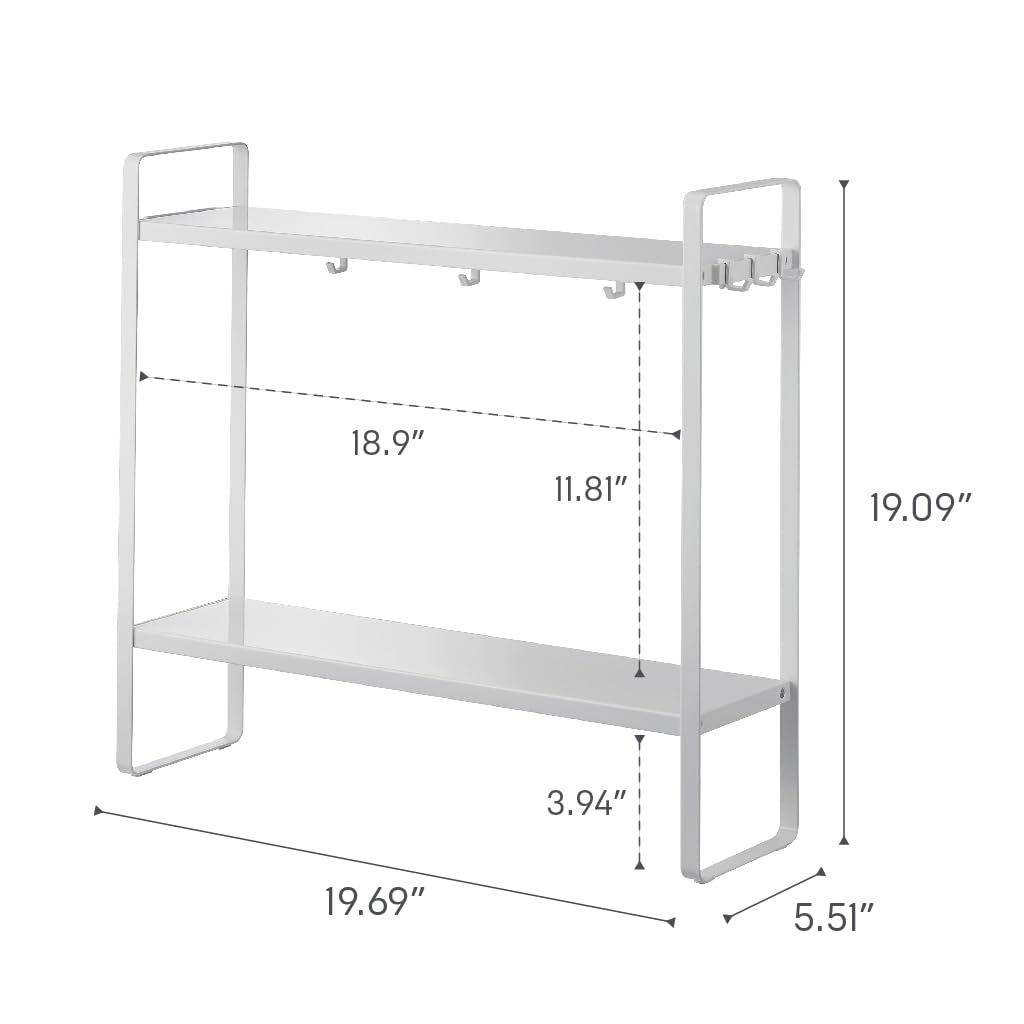 Yamazaki Home Tower Compact 2-Shelf Kitchen Storage Rack | Easy-To-Clean Design, Versatile Hooks - Steel