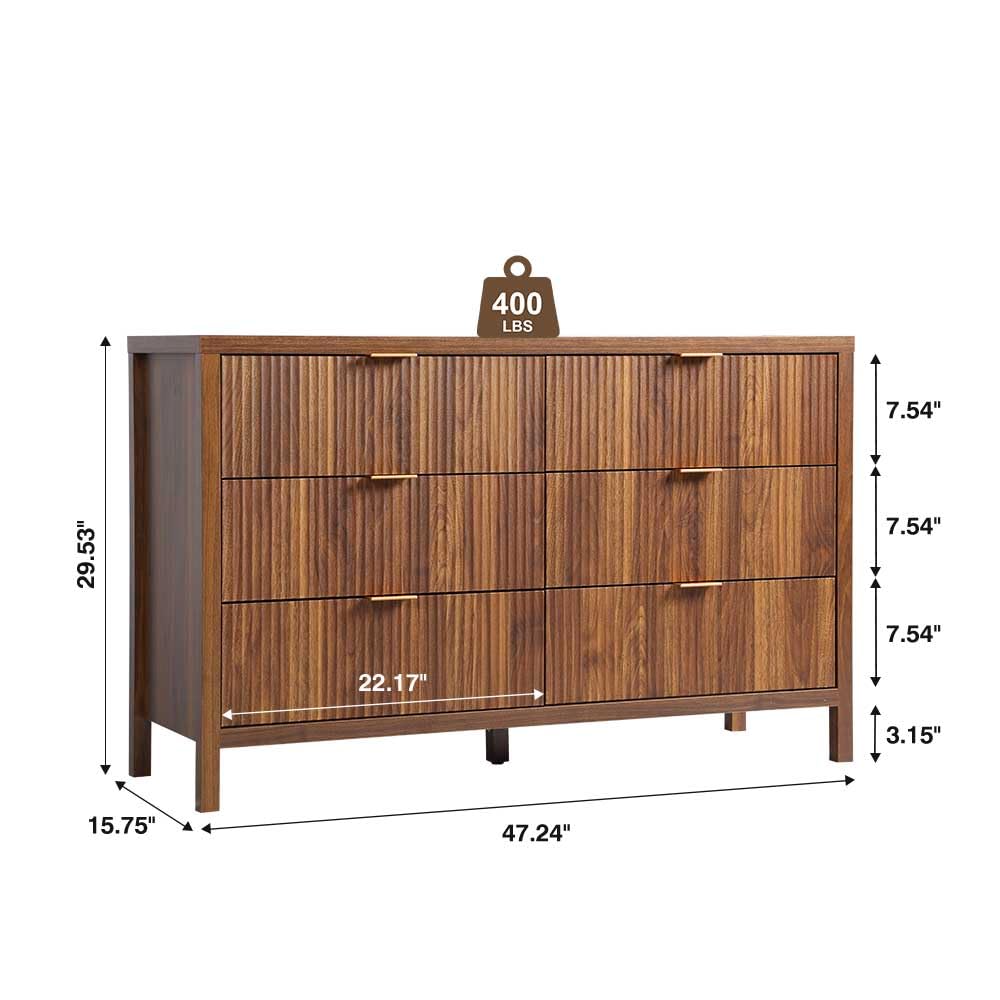 affeivul Mid Century Modern Dresser TV Stand, 6 Drawer Dresser for Bedroom Wood, Farmhouse Boho Storage Cabinet Side Table with Solid Natural Wood Legs, Long Wooden Dresser for Closet (Walnut)