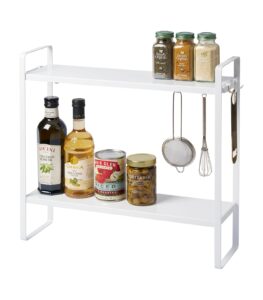 yamazaki home tower compact 2-shelf kitchen storage rack | easy-to-clean design, versatile hooks - steel