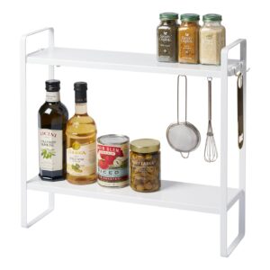 Yamazaki Home Tower Compact 2-Shelf Kitchen Storage Rack | Easy-To-Clean Design, Versatile Hooks - Steel