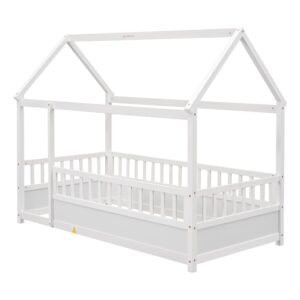 Twin Size Floor Montessori Bed for Kids, Wooden Twin House Floor Bed Frame with Rails Fence, Kids Twin Floor Bed Playhouse Bed Frame for Girls, Boys, White