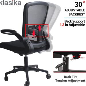 KLASIKA Desk Chairs with Wheels, Office Chair Mid Back Swivel Lumbar Support Desk Chair, Ergonomic Mesh Office Chair Adjustable Height and Home Office Chair with Flip Up Armrests (Black)