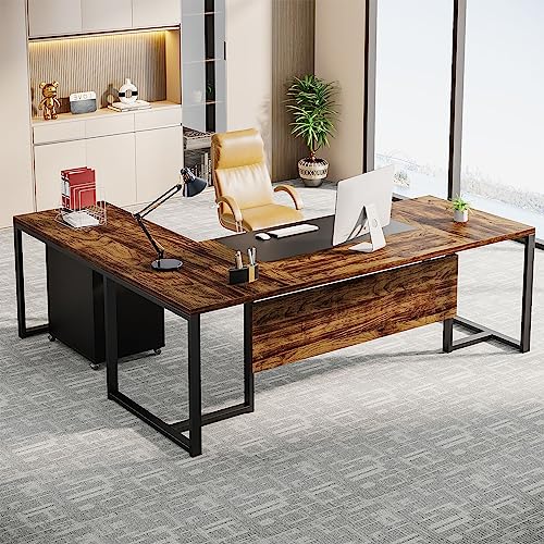 LITTLE TREE 70.8 Inches Executive Office Desk with File Cabinet, Large L Shaped Executive Desk with Storage Cabinet, Modern Office Desk with Drawers for Home Office(Rustic Brown Black)