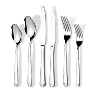 24 piece silverware set with steak knives for 4, prendcyx stainless steel flatware set, food-grade tableware cutlery set includes forks spoons knives, mirror polished, dishwasher safe