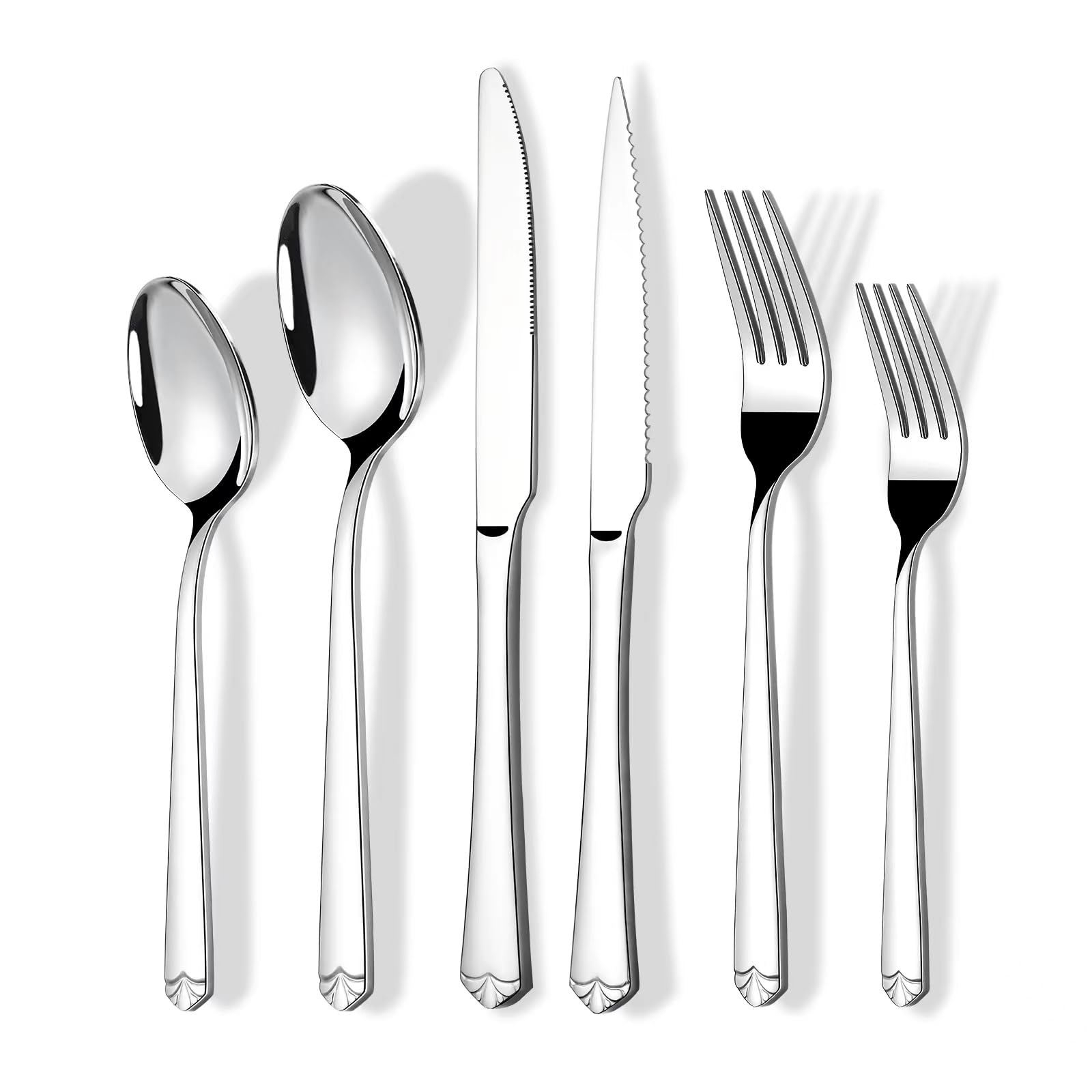 24 Piece Silverware Set with Steak Knives for 4, Prendcyx Stainless Steel Flatware Set, Food-Grade Tableware Cutlery Set Includes Forks Spoons Knives, Mirror Polished, Dishwasher Safe