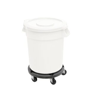 sunsierra 32 gallon round commercial trash can with wheels, commercial garbage can with lid and dolly, mobile multi-purpose plastic container, white