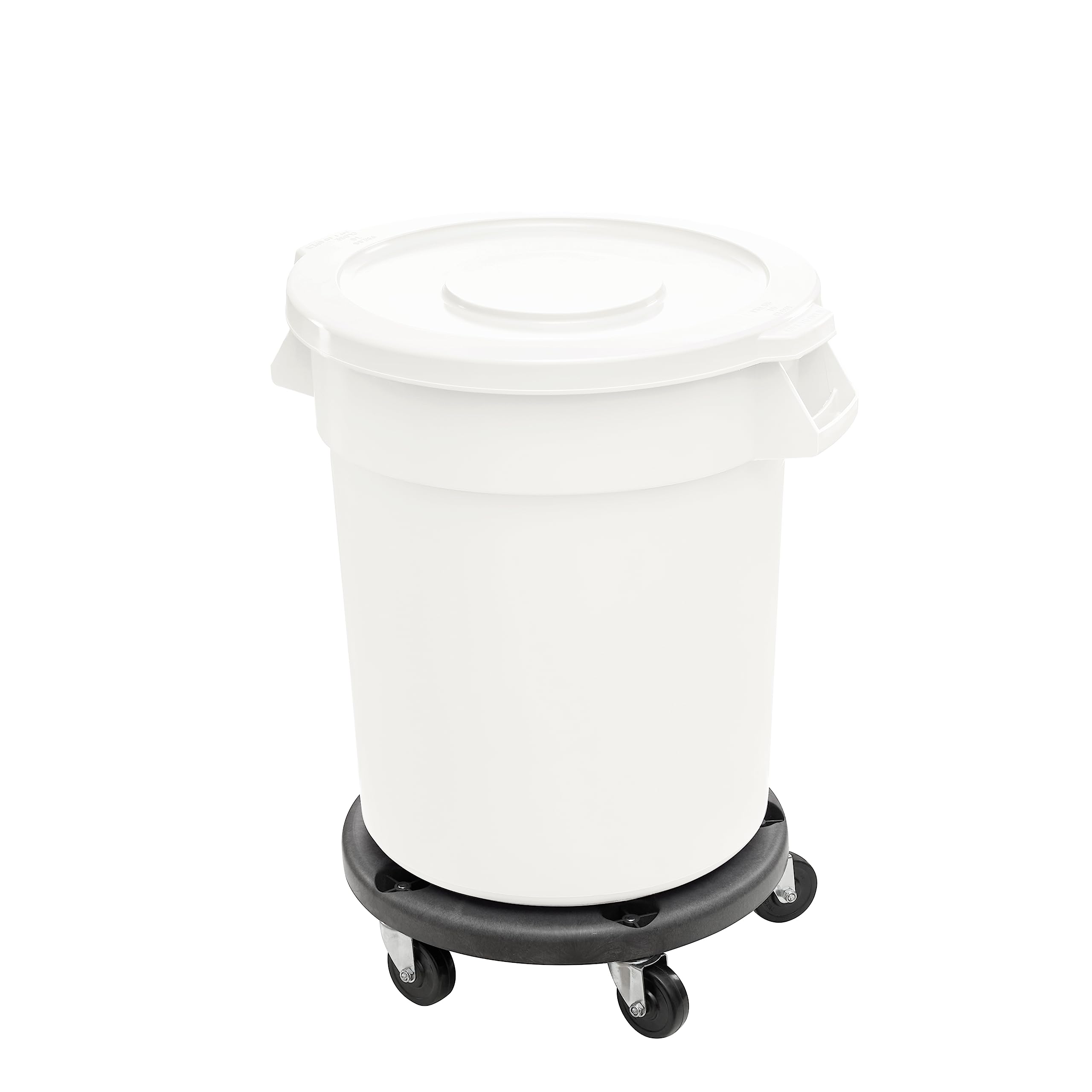 SunSierra 32 Gallon Round Commercial Trash Can with Wheels, Commercial Garbage Can with Lid and Dolly, Mobile Multi-Purpose Plastic Container, White