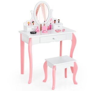 olakids kids vanity set, 2 in 1 wooden princess makeup table and chair set with 360° rotating mirror detachable top storage drawer, girls pretend beauty dressing play toy gift (white)