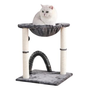 polipets 19” tall cat tower with hammock,sisal scratching posts and pets self groomer massager, soft hanging basket perch hammock,indoors cat furniture 16x15”, gray