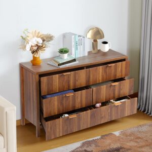 affeivul Mid Century Modern Dresser TV Stand, 6 Drawer Dresser for Bedroom Wood, Farmhouse Boho Storage Cabinet Side Table with Solid Natural Wood Legs, Long Wooden Dresser for Closet (Walnut)