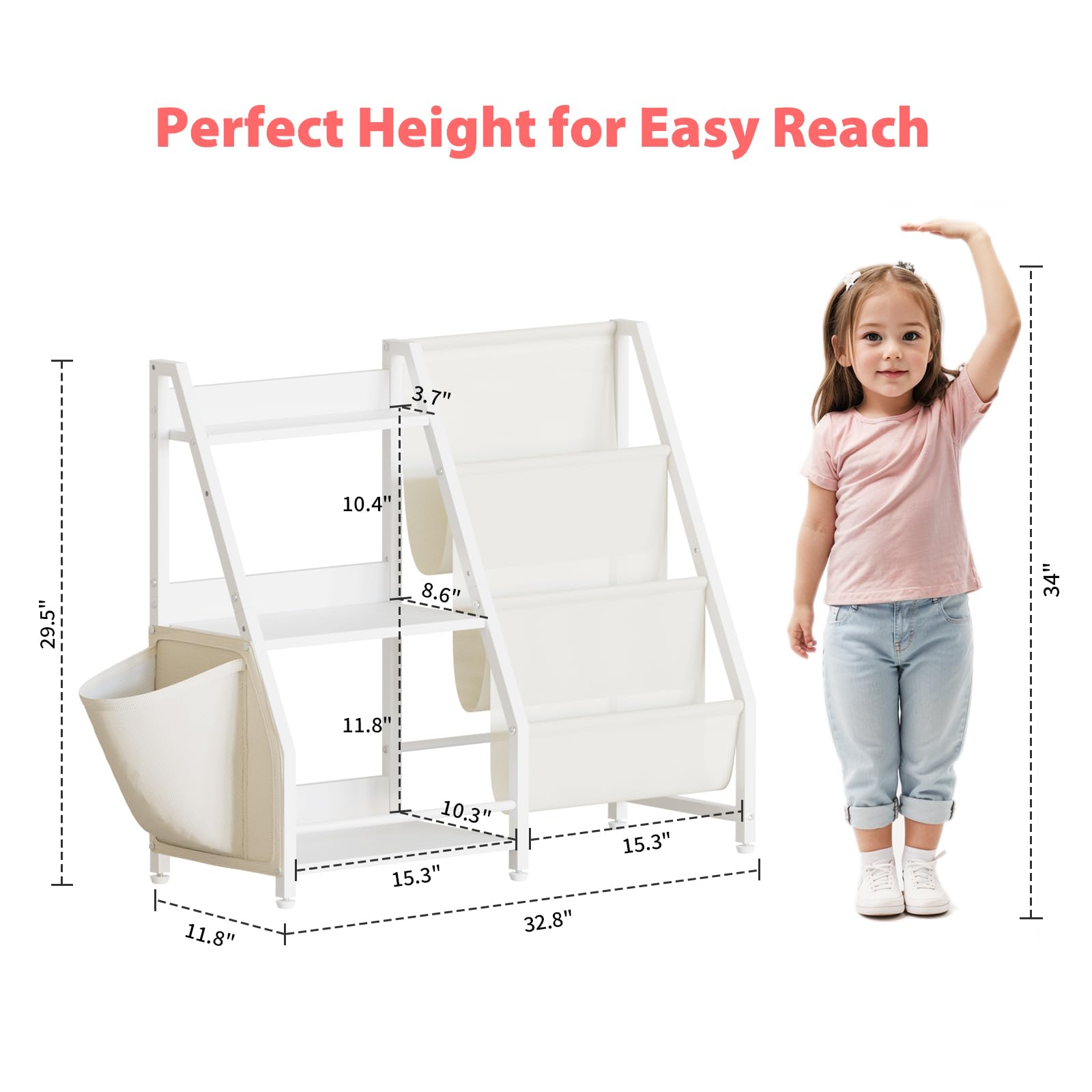 LATIBELL 3 Tier Kids Bookshelf and Toy Storage, Kids Book Sling Shelf, Montessori Baby Toddler Bookshelf for Kids, Kids Bookcase, Toy Storage Organizer, for Playroom, Bedroom, Nursery (White)