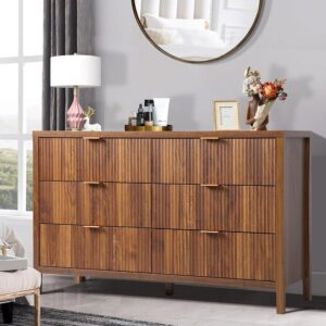 affeivul Mid Century Modern Dresser TV Stand, 6 Drawer Dresser for Bedroom Wood, Farmhouse Boho Storage Cabinet Side Table with Solid Natural Wood Legs, Long Wooden Dresser for Closet (Walnut)