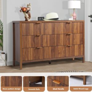 affeivul Mid Century Modern Dresser TV Stand, 6 Drawer Dresser for Bedroom Wood, Farmhouse Boho Storage Cabinet Side Table with Solid Natural Wood Legs, Long Wooden Dresser for Closet (Walnut)