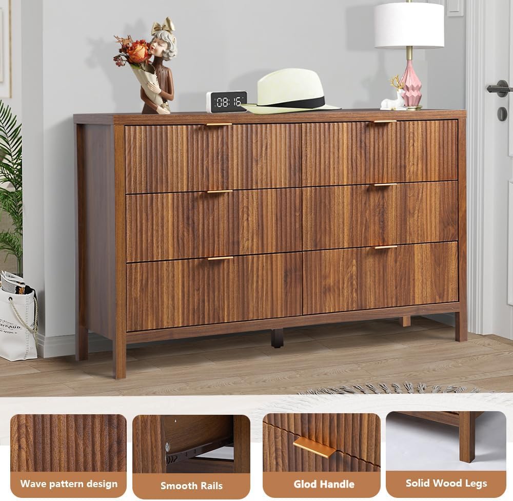 affeivul Mid Century Modern Dresser TV Stand, 6 Drawer Dresser for Bedroom Wood, Farmhouse Boho Storage Cabinet Side Table with Solid Natural Wood Legs, Long Wooden Dresser for Closet (Walnut)