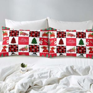 LUVIVIHOME 3PCS Christmas Duvet Cover King Bedding Set, Santa Claus Snowman Gnome Snowflake Christmas Tree Holiday New Year Xmas Checkered White Red Buffalo Plaid Comforter Quilt Cover, 2 Pillow Cases