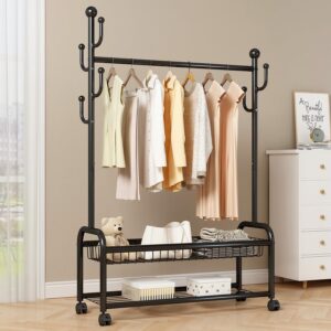 GAMNOF Black Clothes Rack with Wheels, Black Clothing Rack for Hanging Clothes, Black Garment Rack with Storage Shelf, Freestanding Rolling Clothes Rack