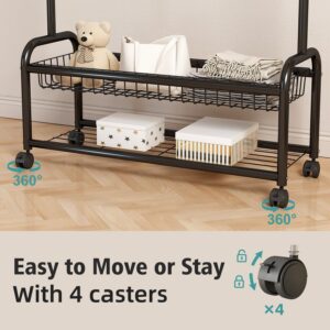 GAMNOF Black Clothes Rack with Wheels, Black Clothing Rack for Hanging Clothes, Black Garment Rack with Storage Shelf, Freestanding Rolling Clothes Rack