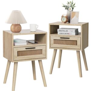 amzyuga nightstands set of 2, rattan night stand, boho nightstand with drawer open storage, modern bed side table with solid wood feet for bedroom