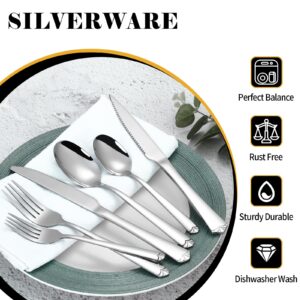 24 Piece Silverware Set with Steak Knives for 4, Prendcyx Stainless Steel Flatware Set, Food-Grade Tableware Cutlery Set Includes Forks Spoons Knives, Mirror Polished, Dishwasher Safe