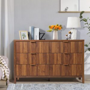 affeivul mid century modern dresser tv stand, 6 drawer dresser for bedroom wood, farmhouse boho storage cabinet side table with solid natural wood legs, long wooden dresser for closet (walnut)