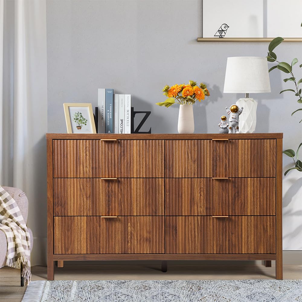 affeivul Mid Century Modern Dresser TV Stand, 6 Drawer Dresser for Bedroom Wood, Farmhouse Boho Storage Cabinet Side Table with Solid Natural Wood Legs, Long Wooden Dresser for Closet (Walnut)