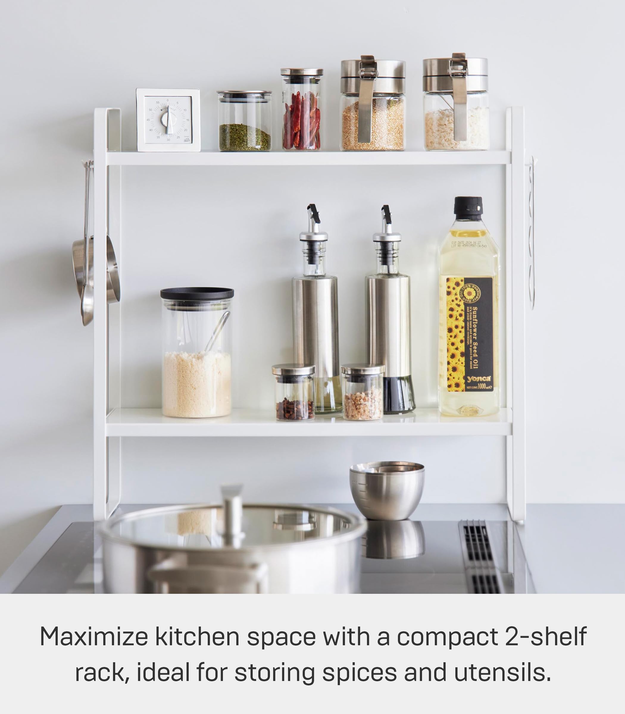 Yamazaki Home Tower Compact 2-Shelf Kitchen Storage Rack | Easy-To-Clean Design, Versatile Hooks - Steel