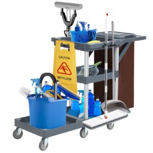 commercial janitorial cleaning cart on wheels - black housekeeping caddy with cover, shelves and vinyl bag