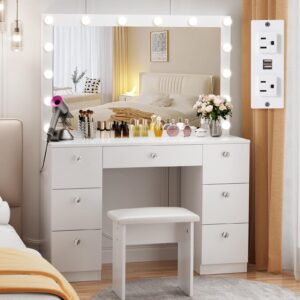 vowner vanity with lighted mirror - makeup vanity desk with power outlet and 7 drawers, 3 color lighting modes adjustable brightness, 44" vanity table with soft cushioned stool for women girls, white