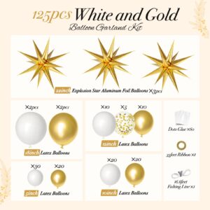 FOTIOMRG White and Gold Balloons Garland Arch Kit with 3pcs Starburst Balloons, Metallic Gold White for Wedding Engagement Baptism Bridal Shower Anniversary New Years Birthday Party Decorations