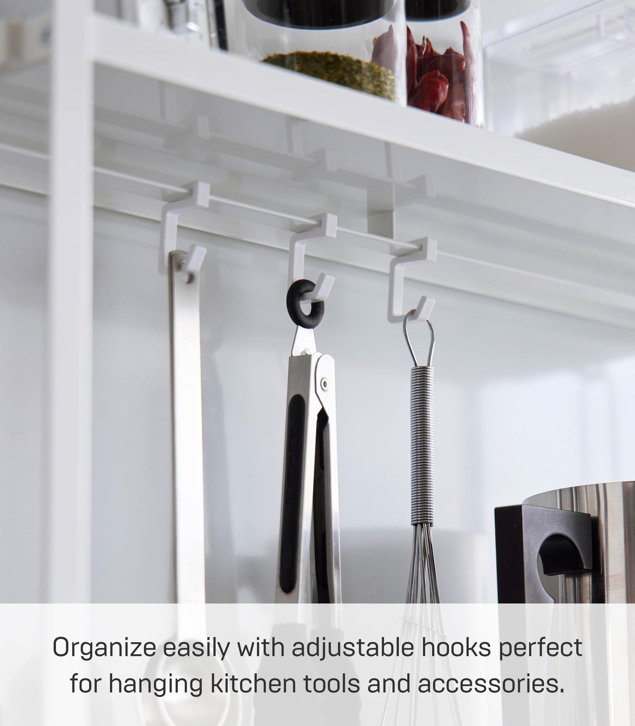 Yamazaki Home Tower Compact 2-Shelf Kitchen Storage Rack | Easy-To-Clean Design, Versatile Hooks - Steel