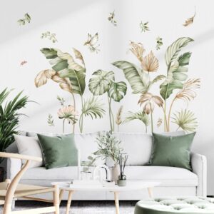 decalmile Boho Tropical Leaves Wall Decals Palm Leaf Green Plants Wall Stickers Living Room Bedroom Office Wall Decor