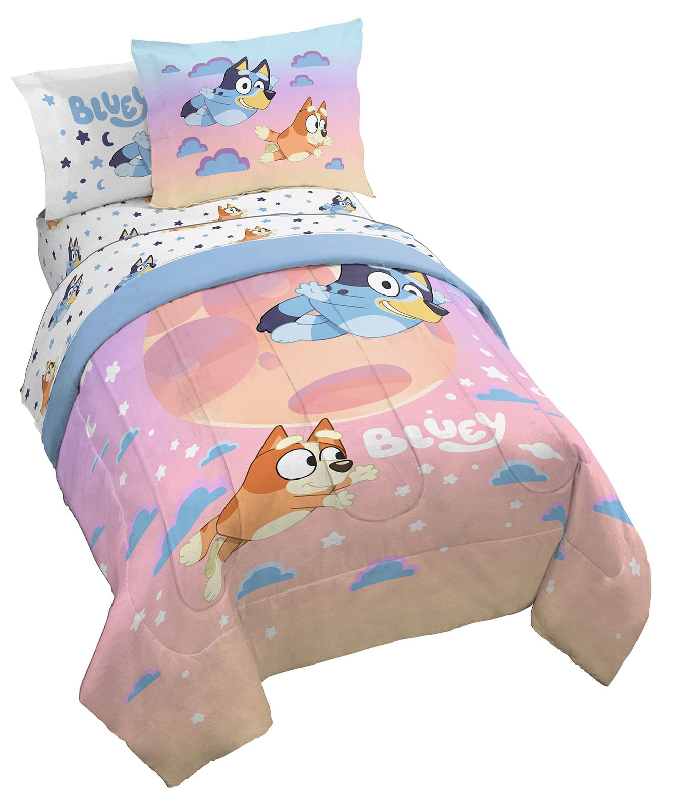 Bluey & Bingo Twin Comforter Set - 5 Piece Bed Set Includes Sheet Set & Pillow Covers - Super Soft Clouds & Stars Kids Bedding