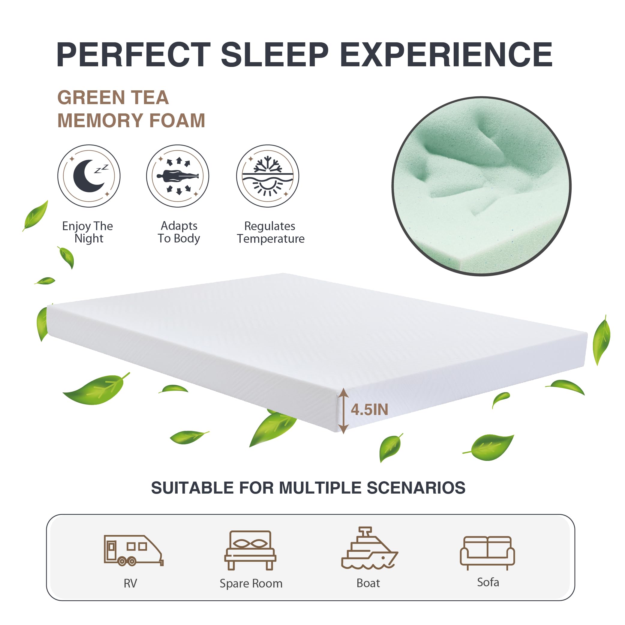 Dyonery 4.5 Inch Queen Memory Foam Sofa Bed Mattress with Fiberglass-Free and Washable Cover for Sleeper Sofa, Couch Beds, Queen Mattress, White (Sofa Not Included)