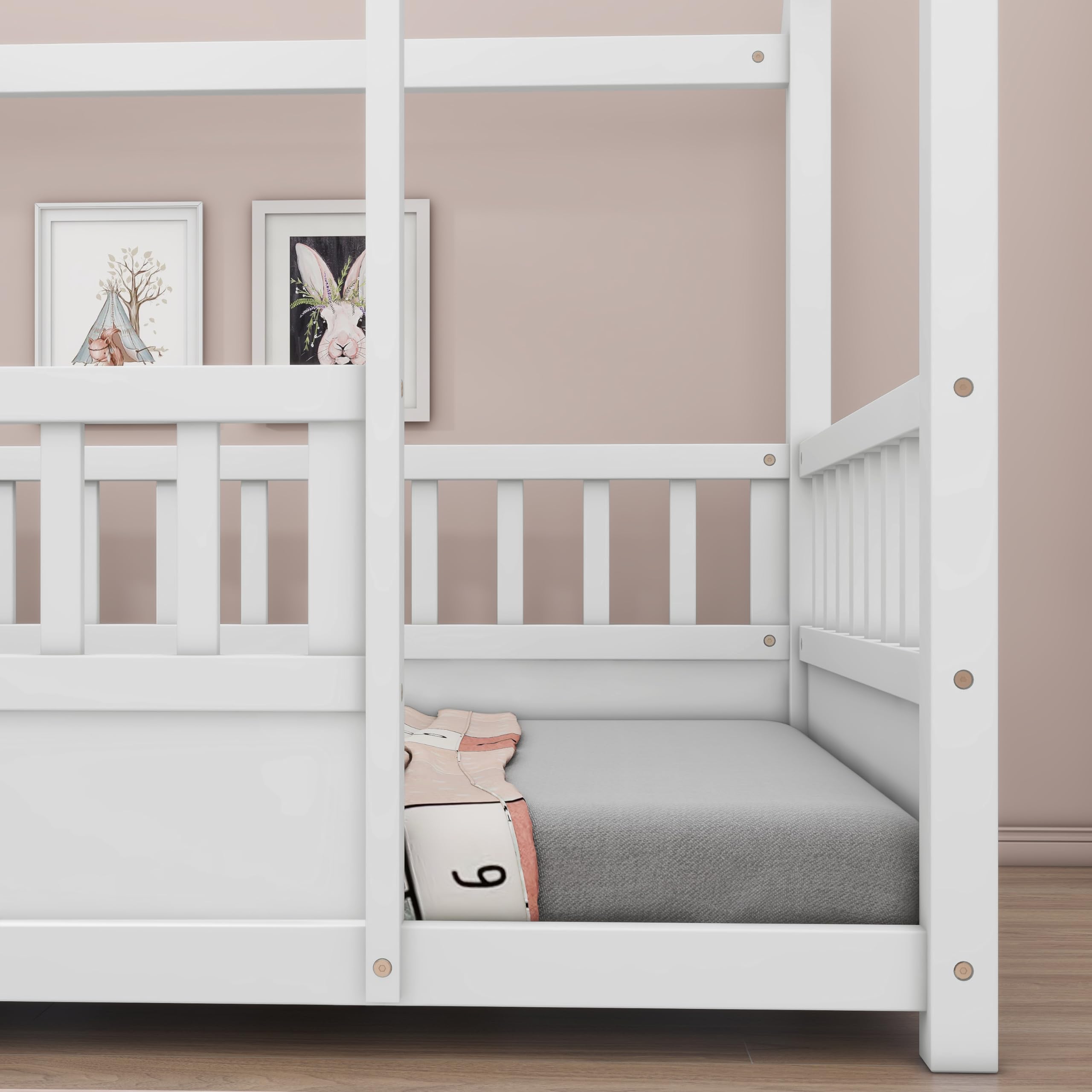 Twin Size Floor Montessori Bed for Kids, Wooden Twin House Floor Bed Frame with Rails Fence, Kids Twin Floor Bed Playhouse Bed Frame for Girls, Boys, White