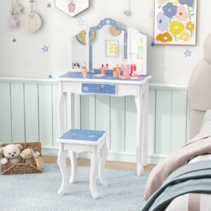 olakids kids vanity set, 2 in 1 wooden princess makeup table and chair set with detachable tri-folding mirror storage drawer, snowflake themed girls pretend beauty dressing play toy gift (blue)