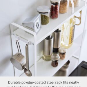 Yamazaki Home Tower Compact 2-Shelf Kitchen Storage Rack | Easy-To-Clean Design, Versatile Hooks - Steel