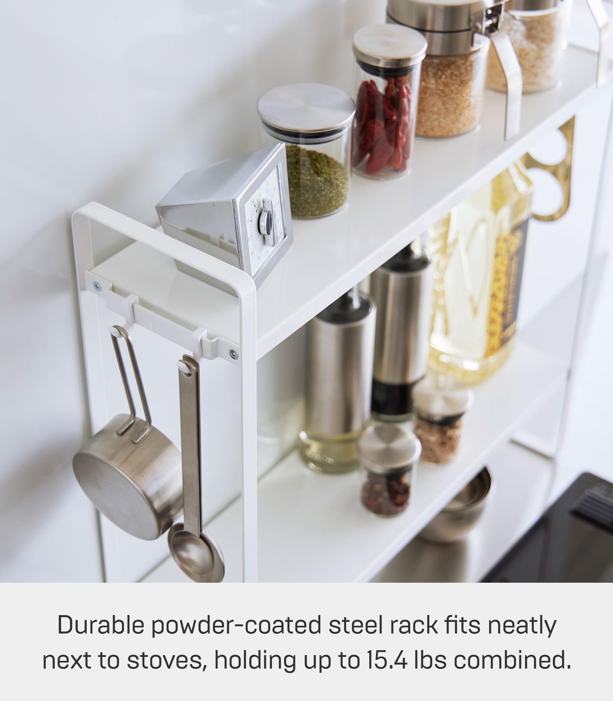 Yamazaki Home Tower Compact 2-Shelf Kitchen Storage Rack | Easy-To-Clean Design, Versatile Hooks - Steel