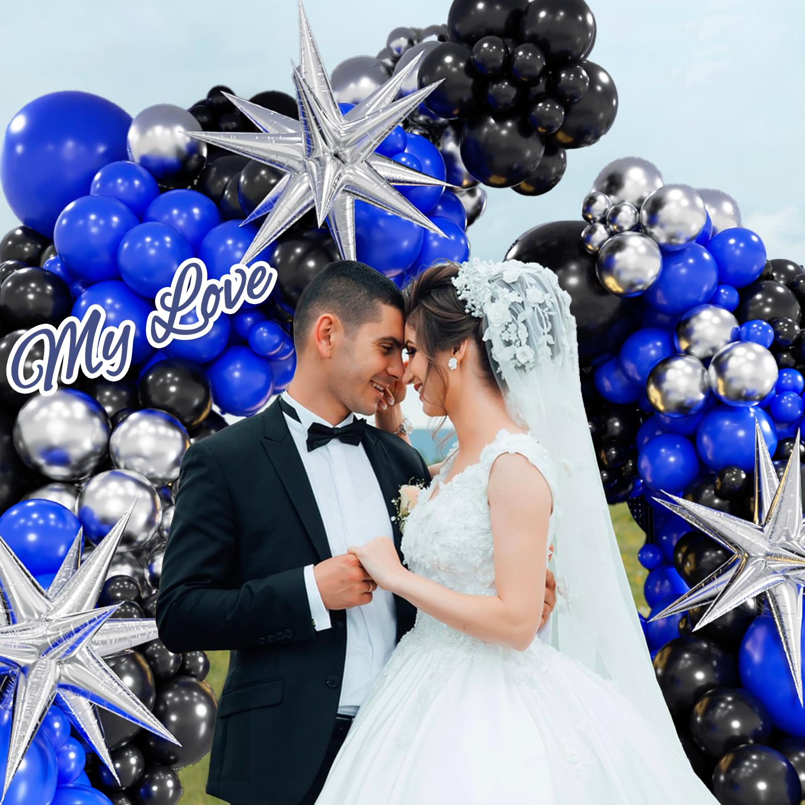 FOTIOMRG Royal Blue and Black Balloon Garland Arch Kit with 3pcs Star Balloon, Navy Blue Balloons Metallic Sliver Black Balloons for 30th 40th 50th Birthday Graduation New Years Party Decorations