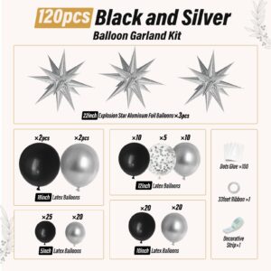 FOTIOMRG Black and Silver Balloons Garland Arch Kit with 3pcs Star Balloon, Metallic Sliver and Black Balloons for Birthday Graduation Baby Shower Disco New Years Party Decorations