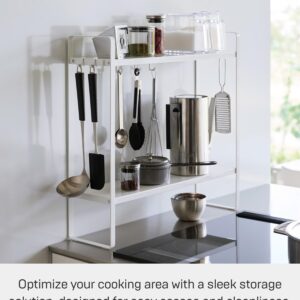 Yamazaki Home Tower Compact 2-Shelf Kitchen Storage Rack | Easy-To-Clean Design, Versatile Hooks - Steel