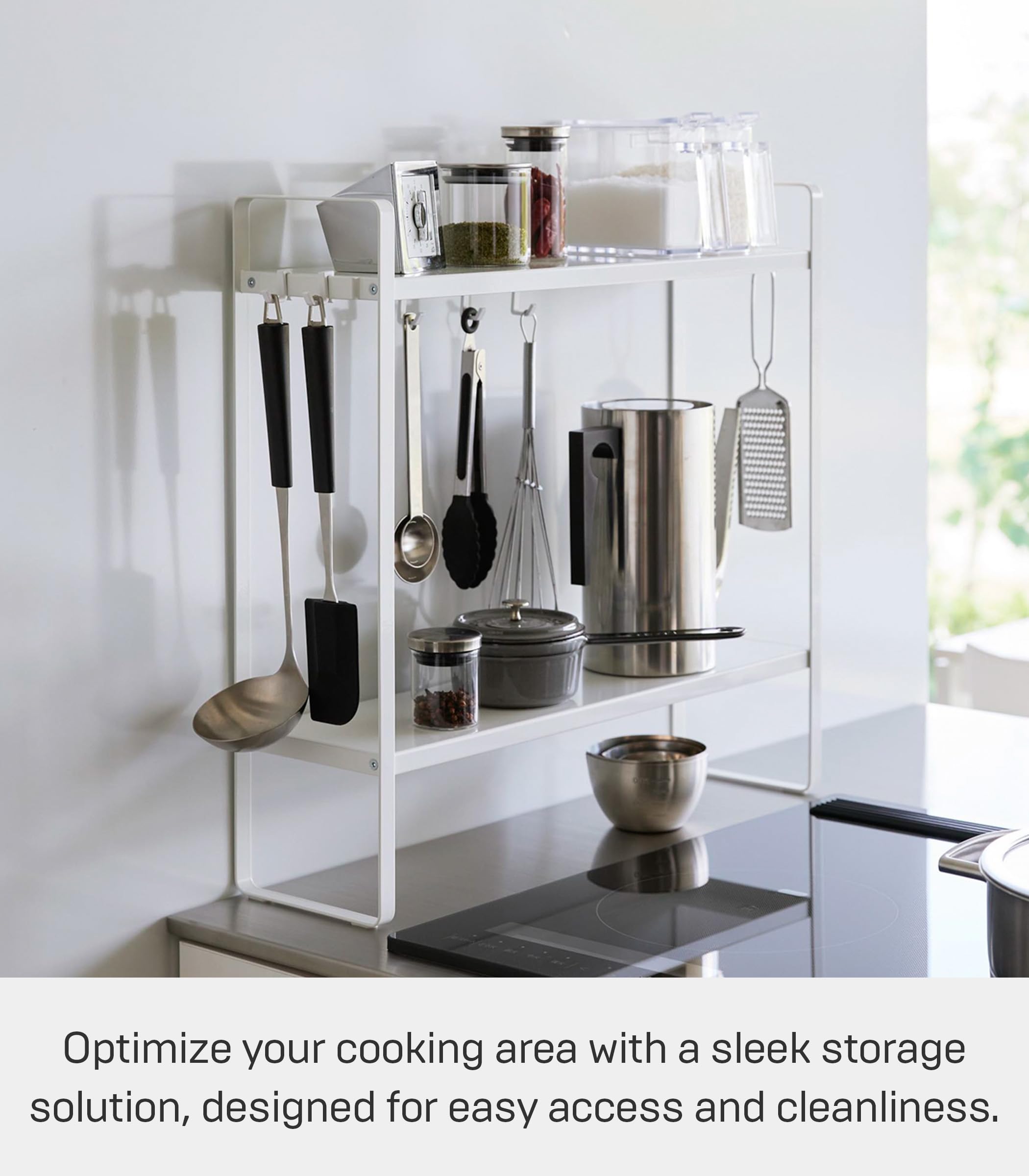 Yamazaki Home Tower Compact 2-Shelf Kitchen Storage Rack | Easy-To-Clean Design, Versatile Hooks - Steel