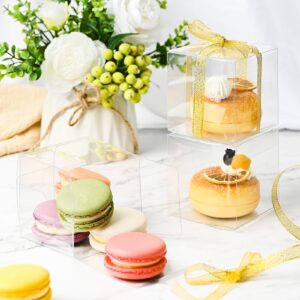 Ohuimrt 45 Pack Clear Favor Boxes, 3 x 3 x 3 Inches Transparent Plastic Gift Boxes with Ribbon Individual Macaron Boxes Candy Boxes Party Favor Boxes